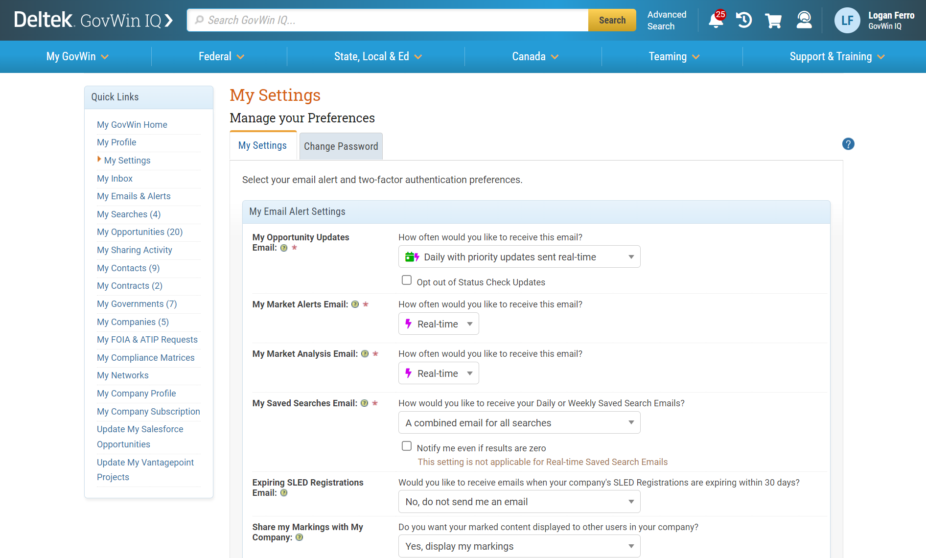 Real-time notifications for pursuit agility in GovWin